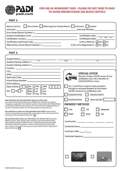 PIC Online Worksheet and Project AWARE Donations - PADI Pros