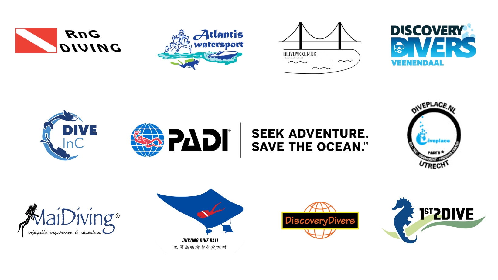 Duikvaker 2025 stand partner logos - PADI Pros